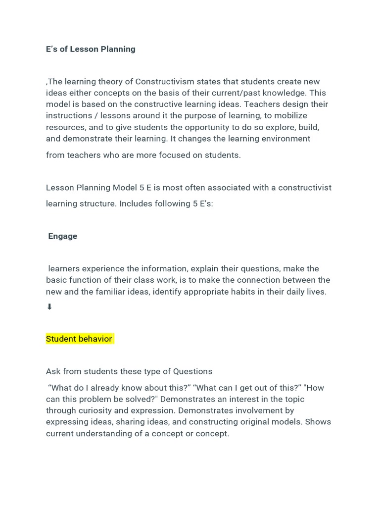 E5 Lesson Plan | PDF | Constructivism (Philosophy Of Education) | Learning