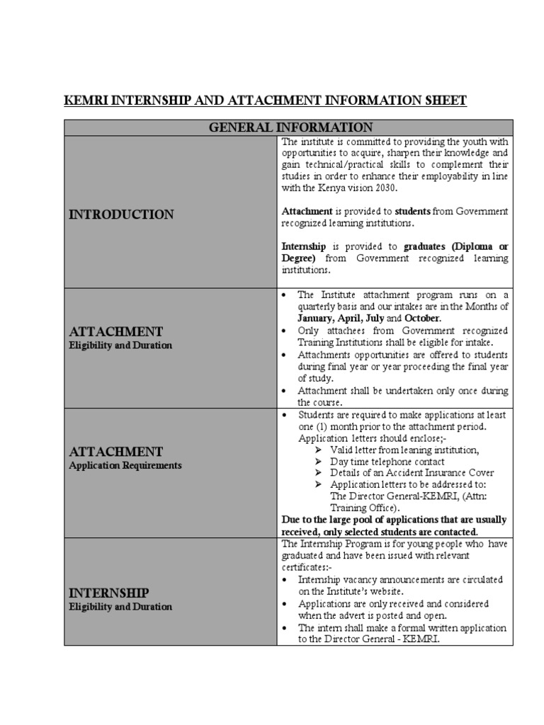 Kemri Internship and Attachment Information Sheet General Information ...
