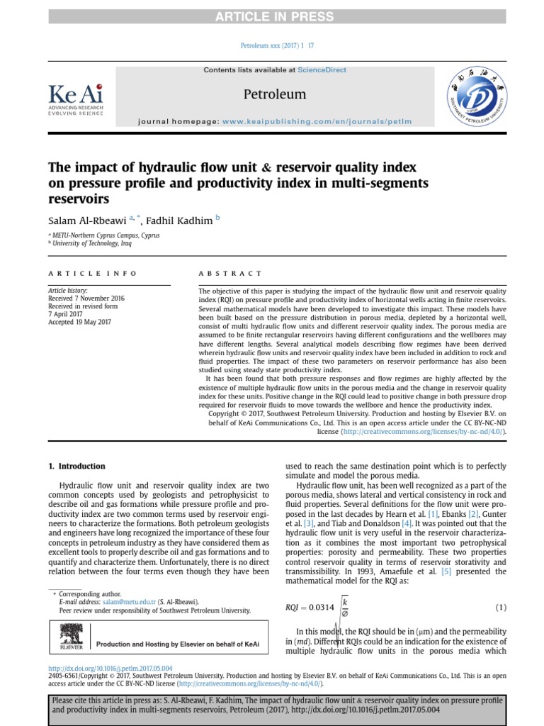 The Impact of Hydraulic Flow Unit Reservoir Quality Index On Pressure ...