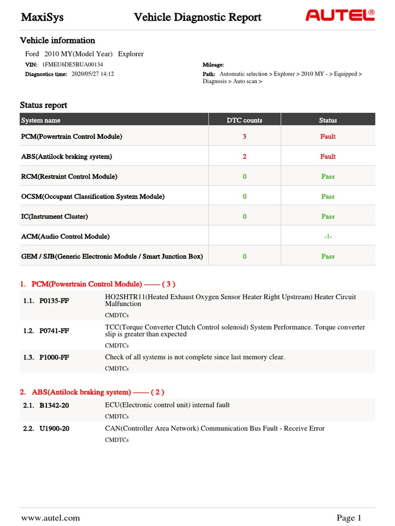 Maxisys Vehicle Diagnostic Report | PDF