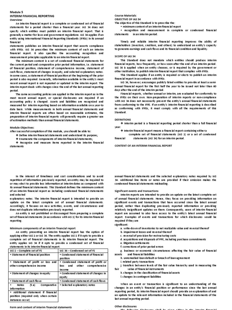 Interim Financial Reporting: Overview: Course Materials: Objective of ...