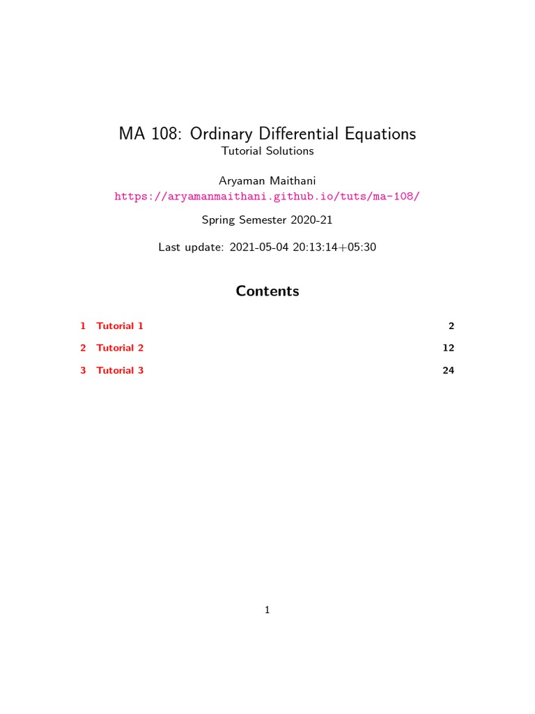 MA 108: Ordinary Differential Equations: Tutorial Solutions Aryaman ...