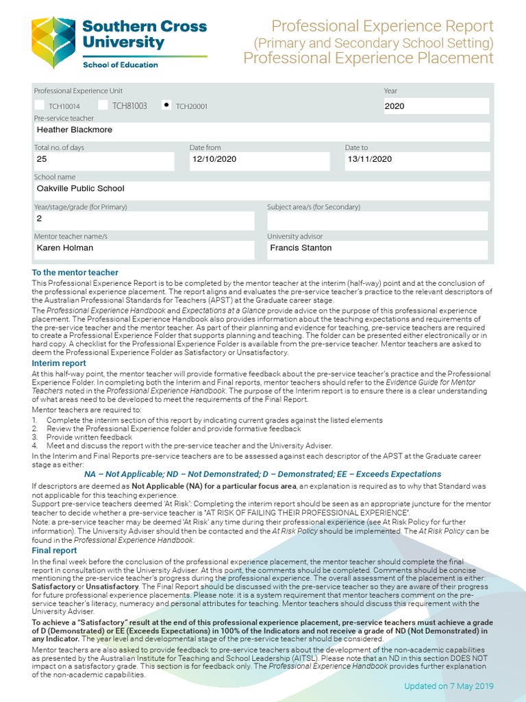 Heather Blackmore-Professional Experience Report - Primary 1 2 ...