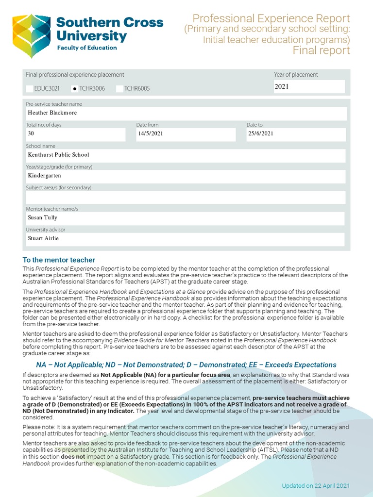 Professional Experience Report 2021 | PDF | Teacher Education ...