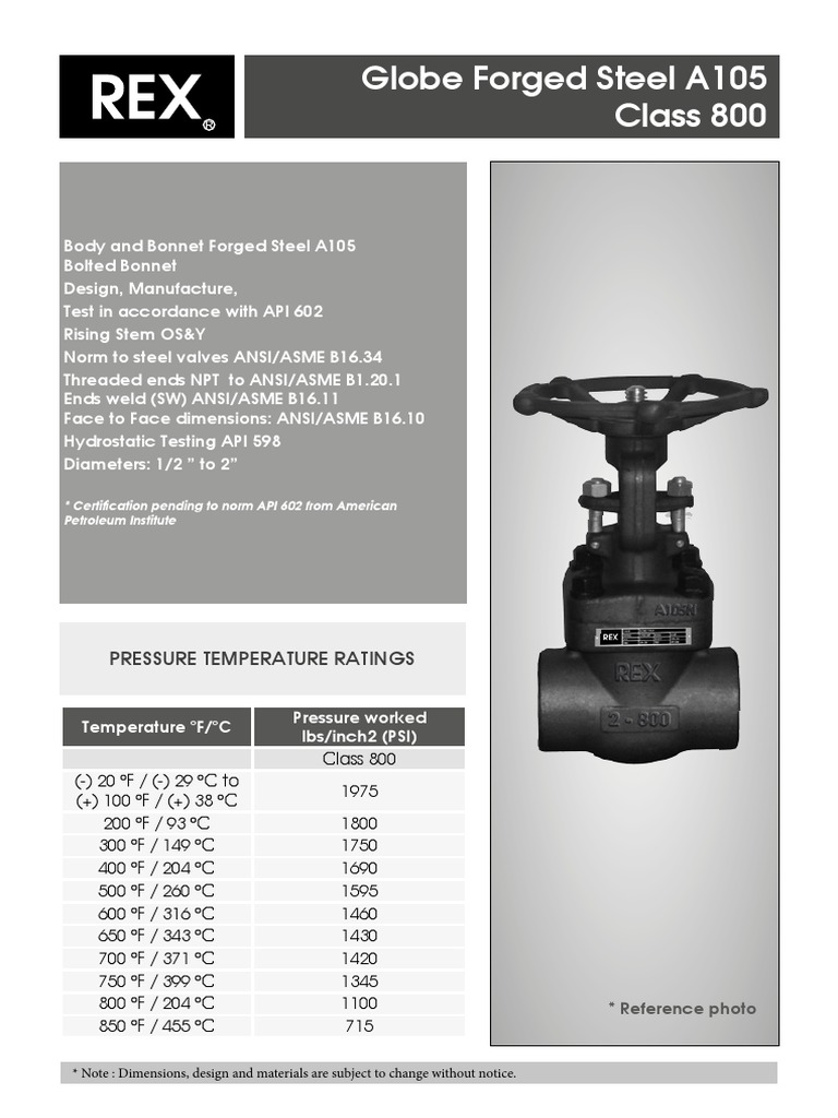 Globe Forged Steel A105 Class 800: Pressure Temperature Ratings | PDF ...