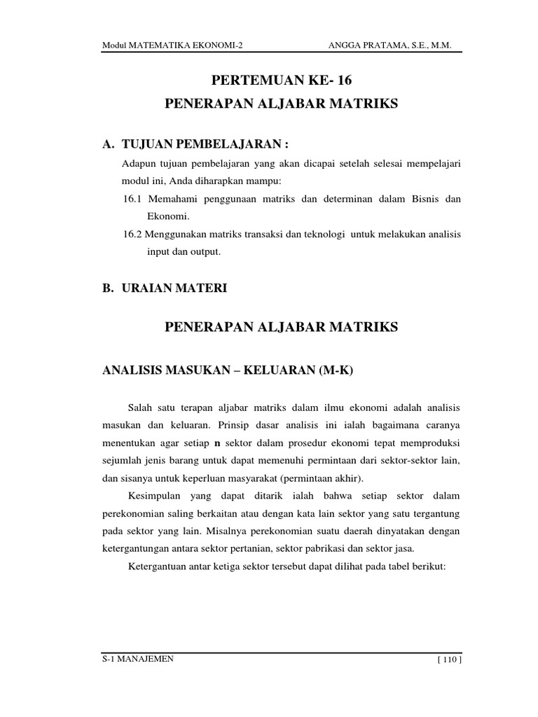 Pertemuan - 16 Penerapan Aljabar Matrik | PDF | Metode & Bahan Ajar