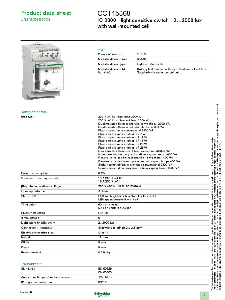 Product Data Sheet: IC 2000 - Light Sensitive Switch - 2 2000 Lux ...