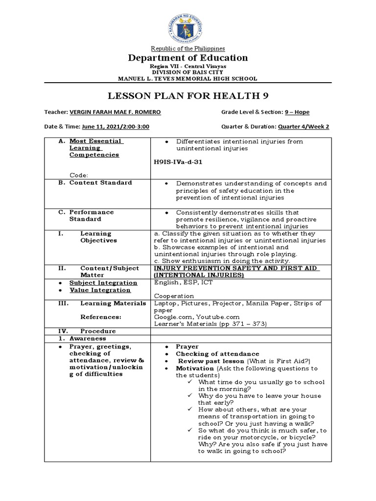 Health 9 - Lesson Plan | Download Free PDF | Learning | Human Nature