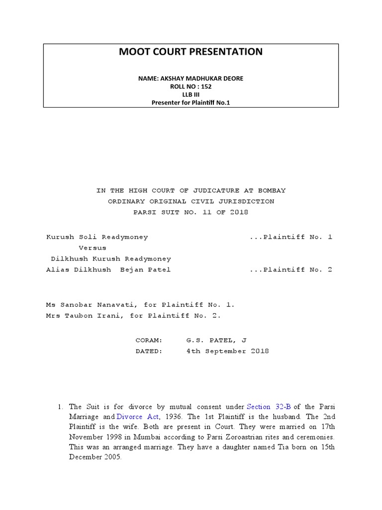 MOOT COURT PRESENTATION CIVIL Plaint | PDF | Divorce | Marriage