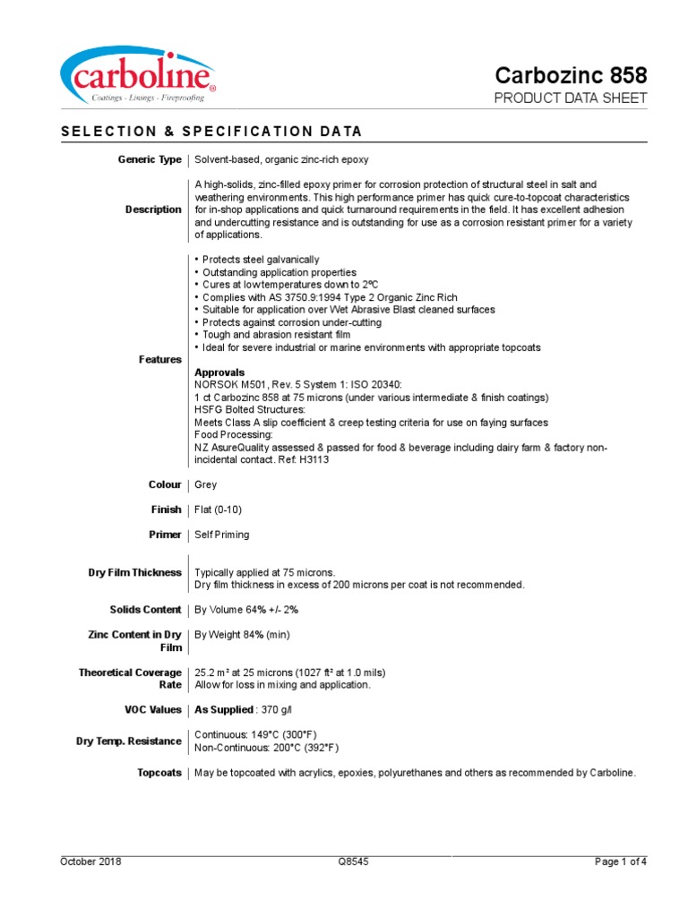 Carbozinc 858: Selection & Specification Data | PDF | Epoxy | Corrosion