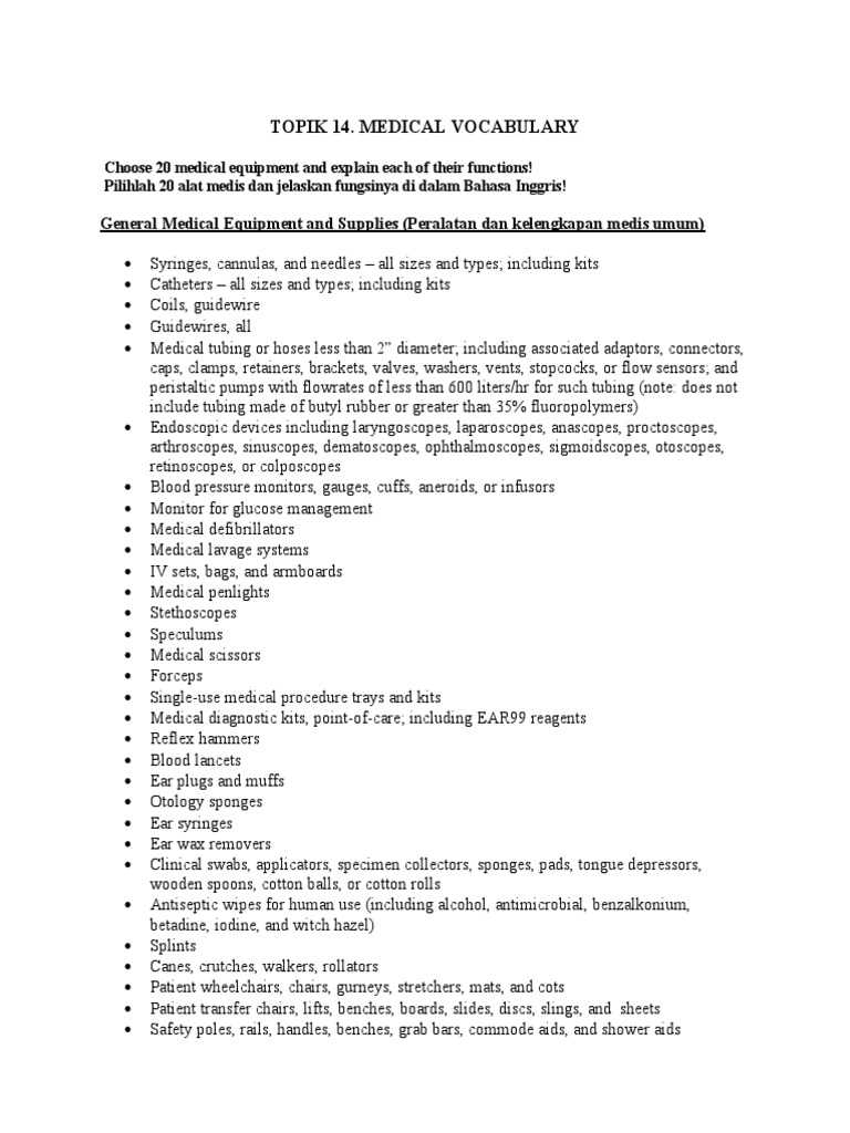 Topik 14. Medical Equipment Vocabulary | PDF | Surgery | Medical Imaging