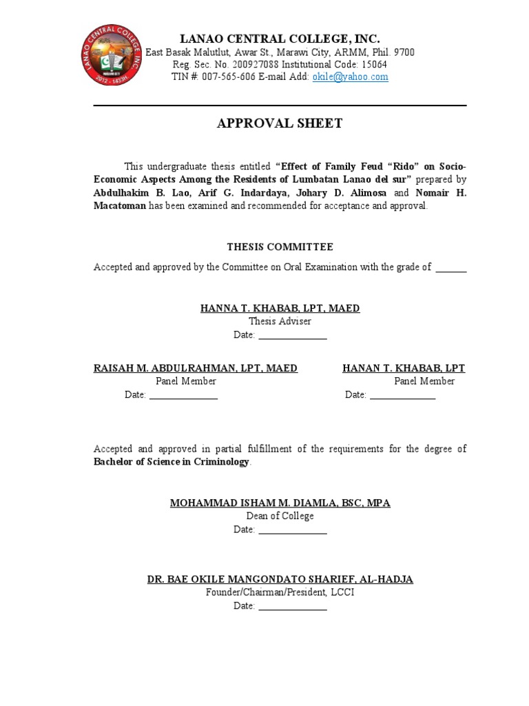 Approval Sheet: Lanao Central College, Inc | PDF
