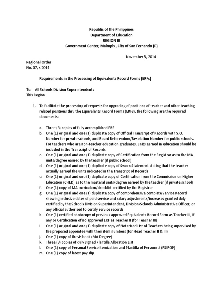 ERF Requirements for Teacher III 2024 | PDF | Further Education