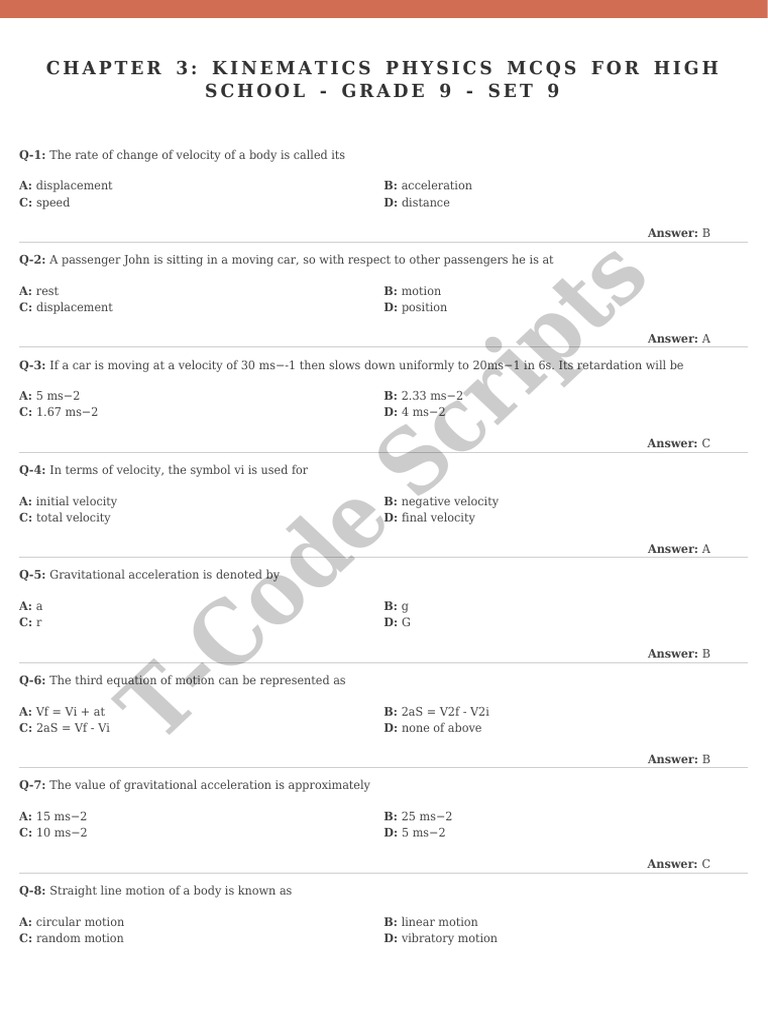 Chapter 3 - Kinematics Physics Mcqs For High School - Grade 9 - Set 9 ...