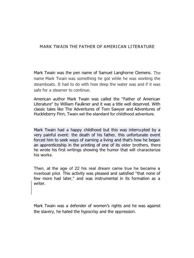 Mark Twain The Father of American Literature | Download Free PDF | Mark ...