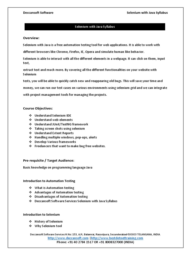 Overview Selenium With Java Syllabus Pdf Selenium Software Software Testing
