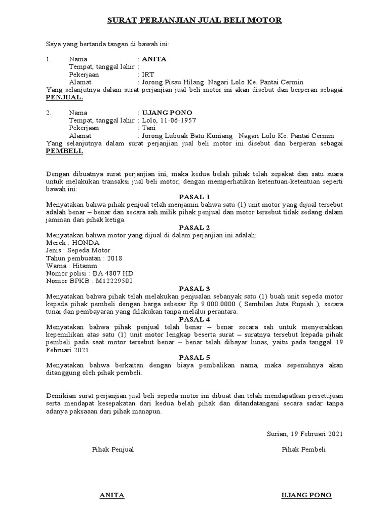 SURAT Jual Beli Motor | PDF