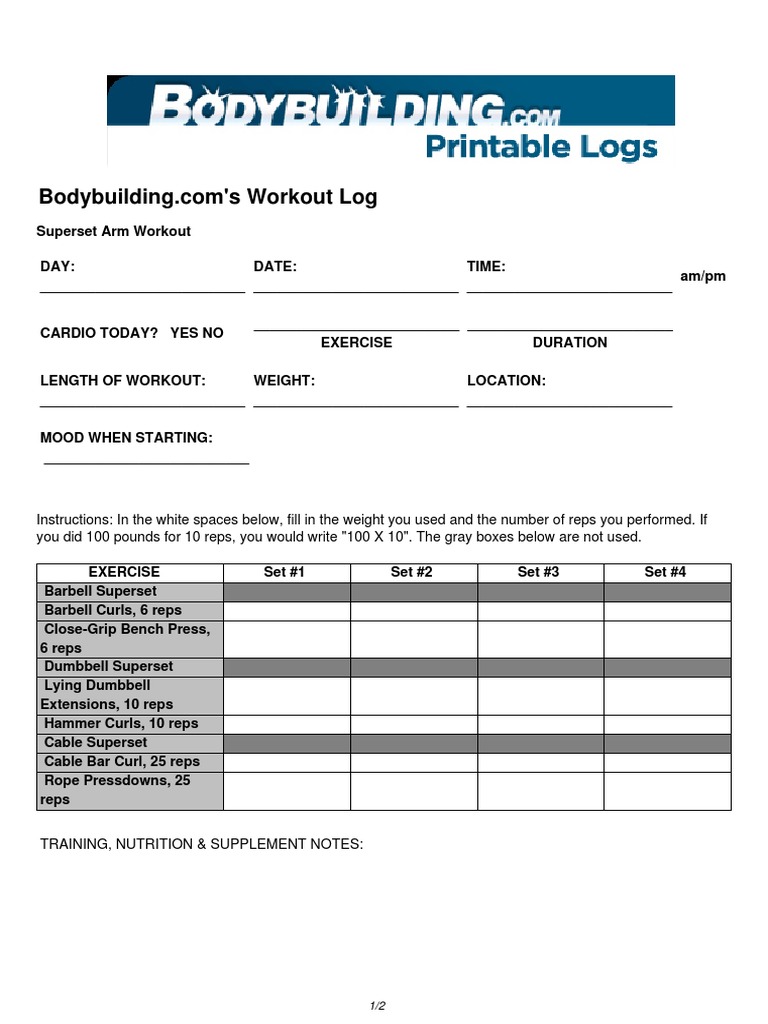 Superset Arm Workout Log | PDF