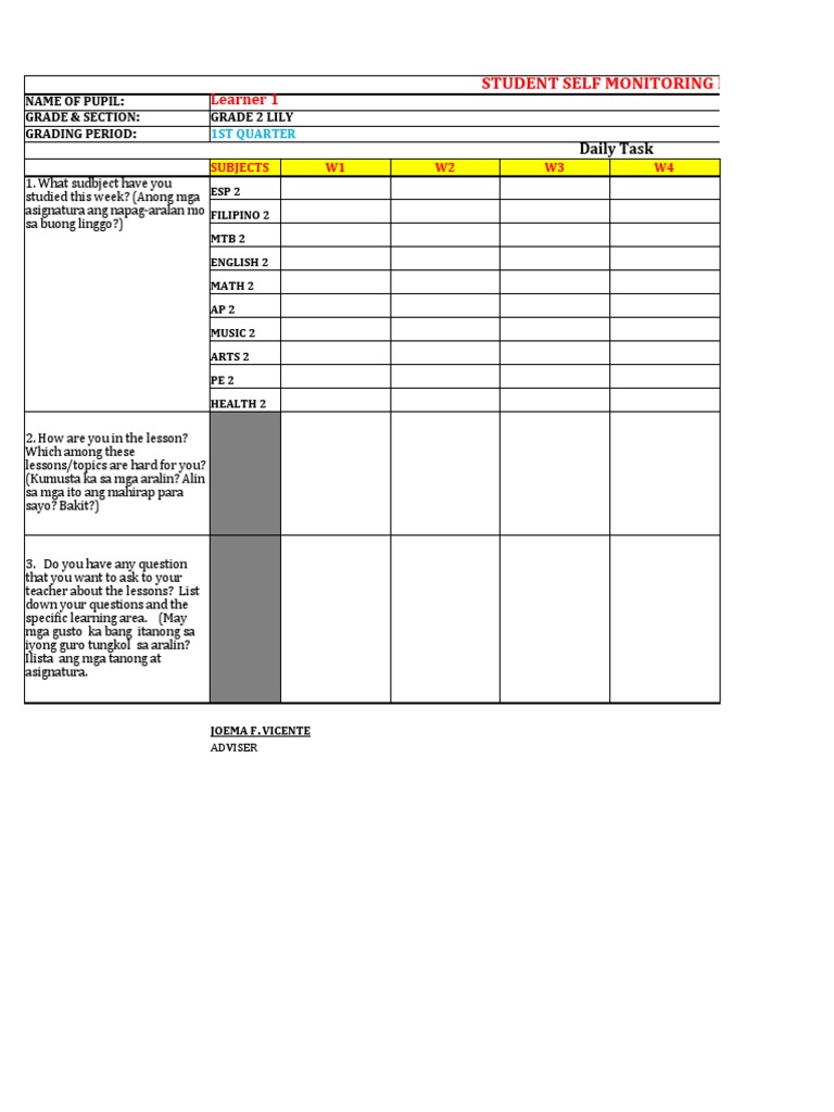 Learner 1: Student Self Monitoring Log | PDF