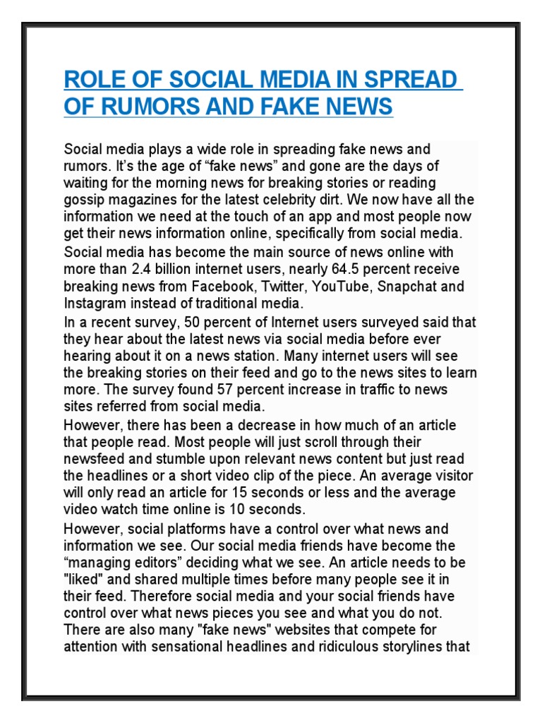 Role of Social Media in Spread of Rumors and Fake News | PDF | Social ...