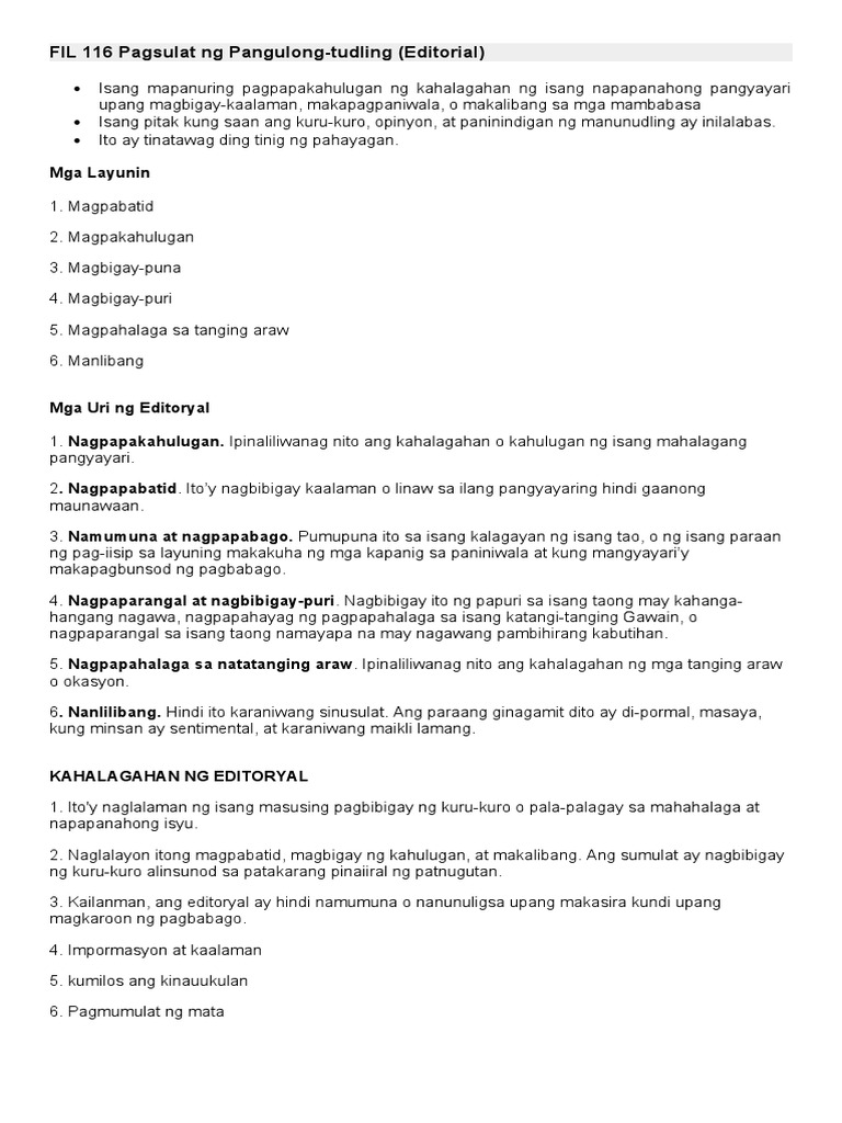 FIL 116 Pagsulat NG Pangulong-Tudling (Editorial) | PDF