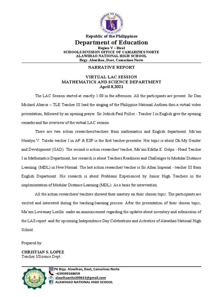 Virtual Lac Narrative Report | PDF | Science | Science And Technology