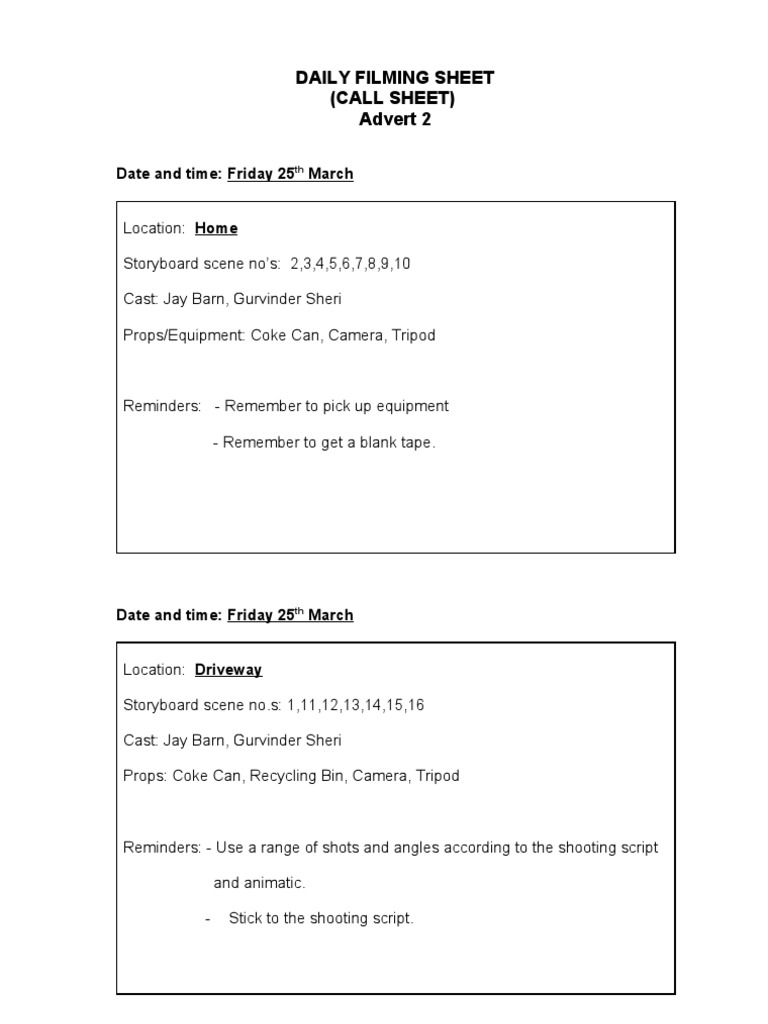 Daily Filming Call Sheet Template | PDF | Home & Garden | Art