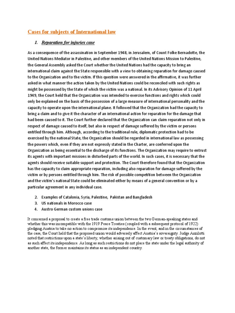 Cases For Subjects of International Law: 1. Reparation For Injuries ...