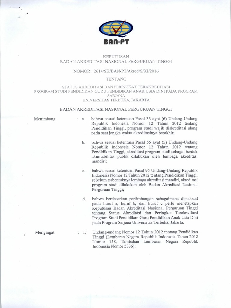 2614 SK Ban PT Akred S Xi 2016 Program Sarjana Pgpaud Ut | PDF