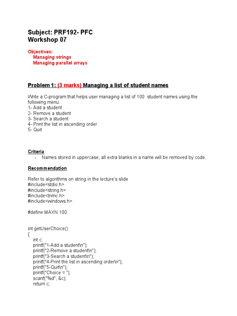 Subject: PRF192-PFC Workshop 07: Problem 1: Managing A List of Student Names | PDF | Software ...