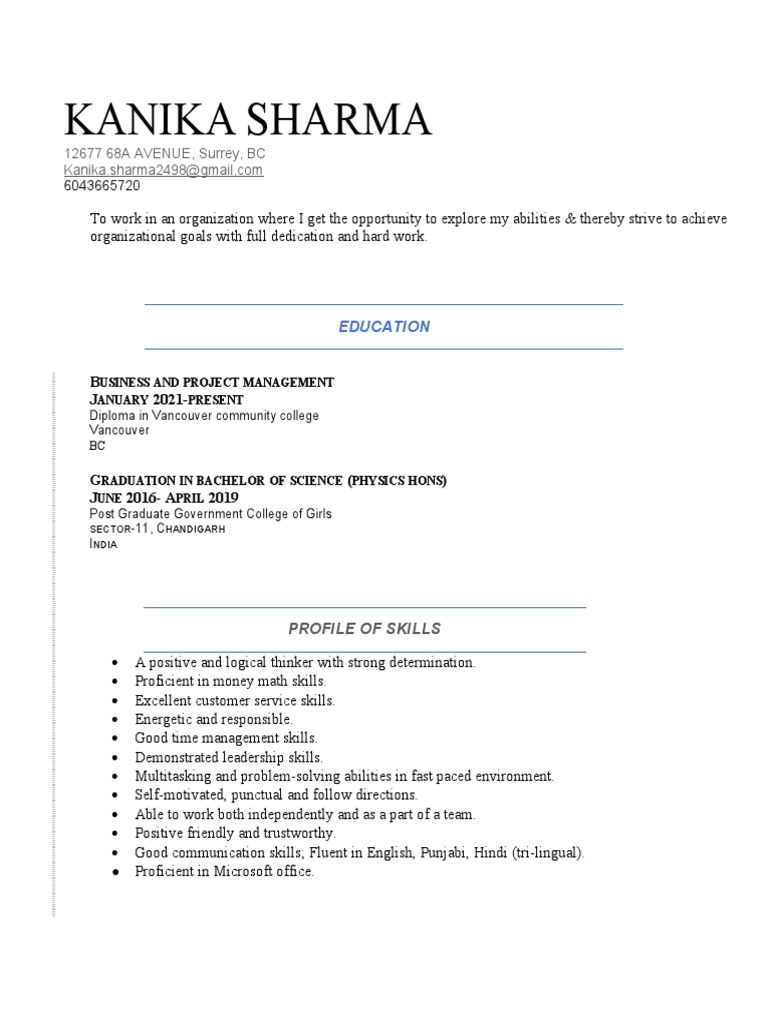 Kanika Sharma's Resume: Skills & Experience | PDF | Career & Growth