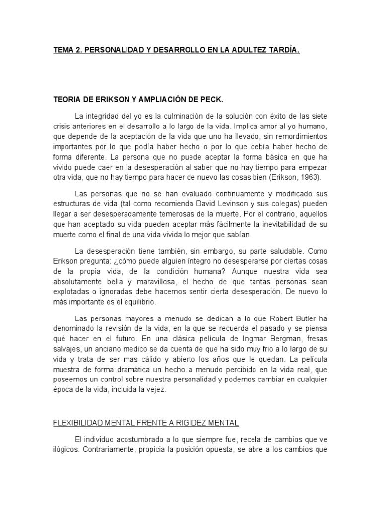 Tema 2 (Personalidad y Desarrollo Social en La Adultez Tardia) | PDF | Adultos | Vejez