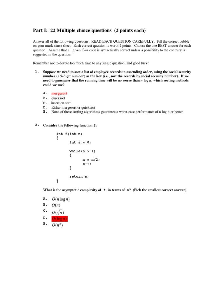 Part I: 22 Multiple Choice Questions (2 Points Each) : Mergesort | Download Free PDF | C ...