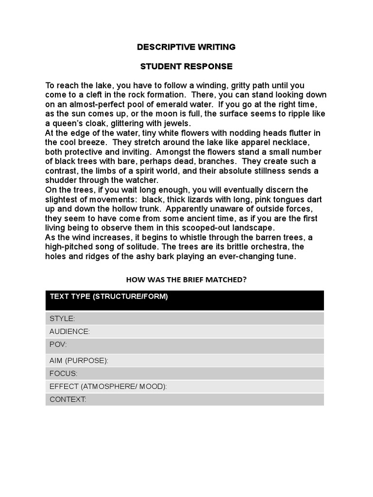 Descriptive Writing Student Response: Text Type (Structure/Form) | PDF