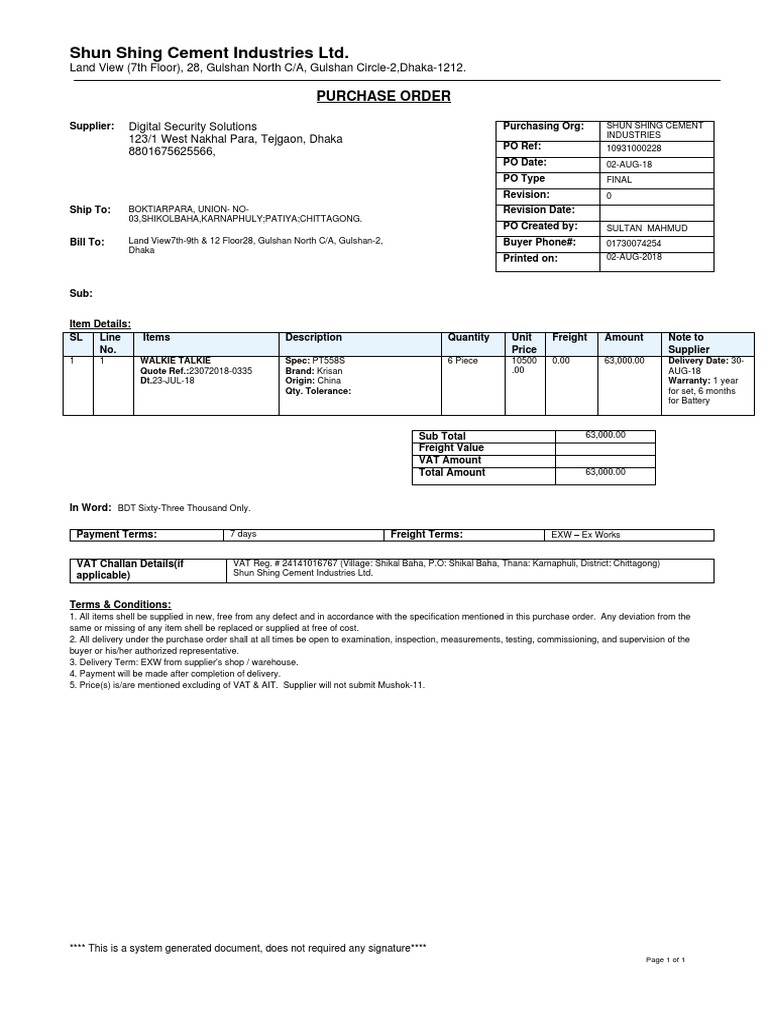 Shun Shing Cement Industries LTD.: Purchase Order | PDF | Market ...
