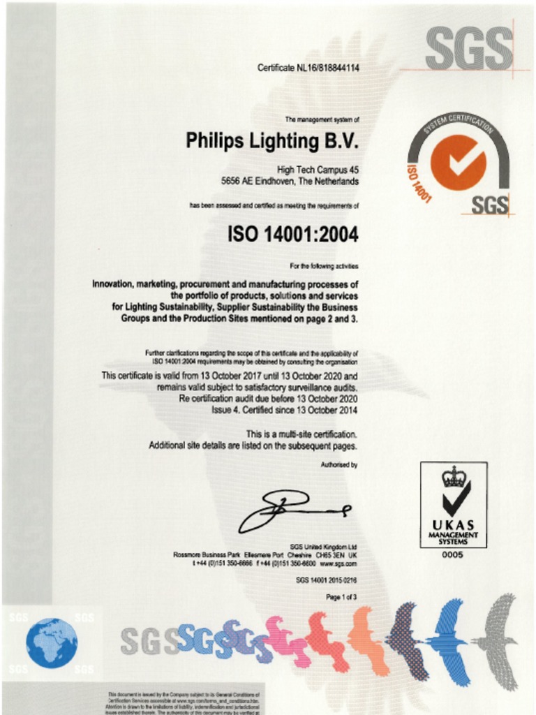 ISO 14001 Philips Lighting Certificate - 2020 | PDF