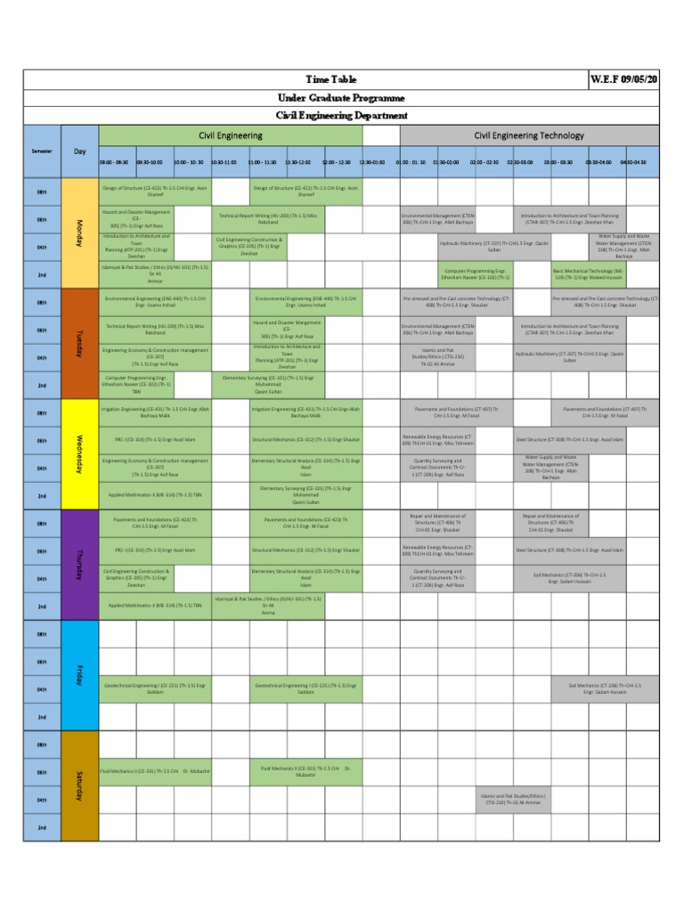 Civil Engg. & TCH Combined Timetable (Spring 2020) | Engineering ...