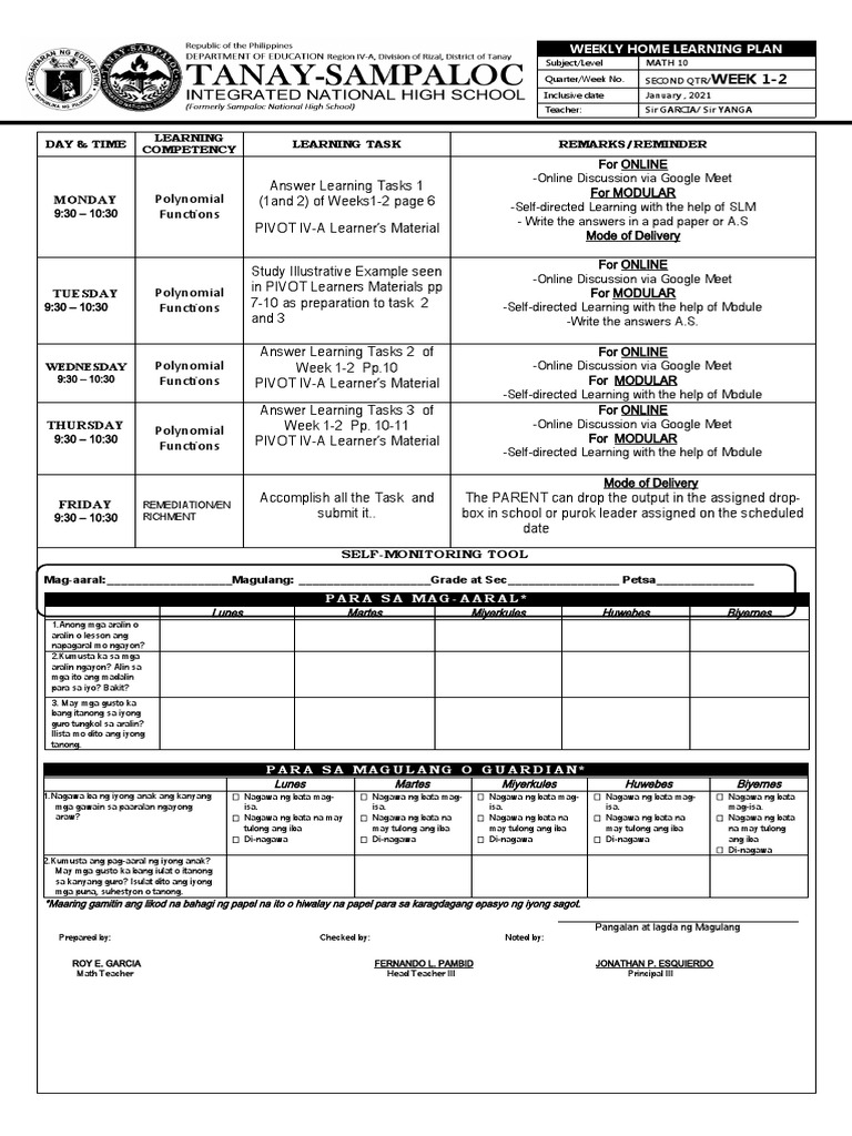 WHLP and Las Math 10 q2 Week 1 2 | PDF