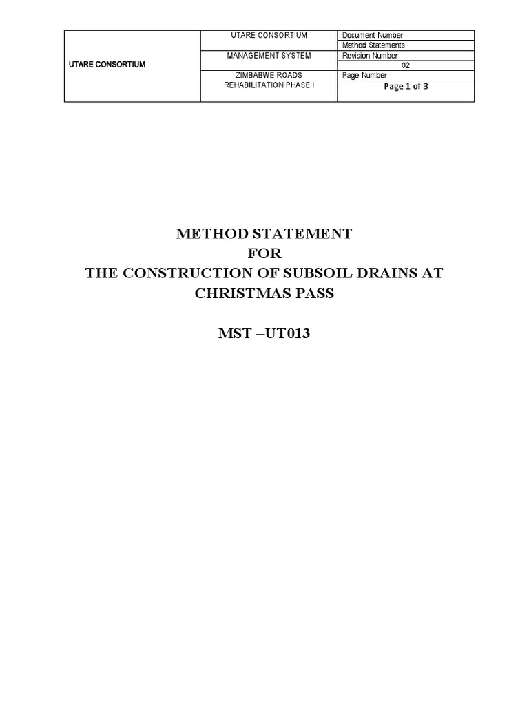 Subsoil Drain Construction Method Statement | PDF | Drainage | Concrete