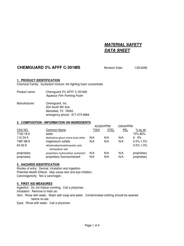 Msds Chemguard 3% Afff C-301ms | Download Free PDF | Fires | Nitrogen