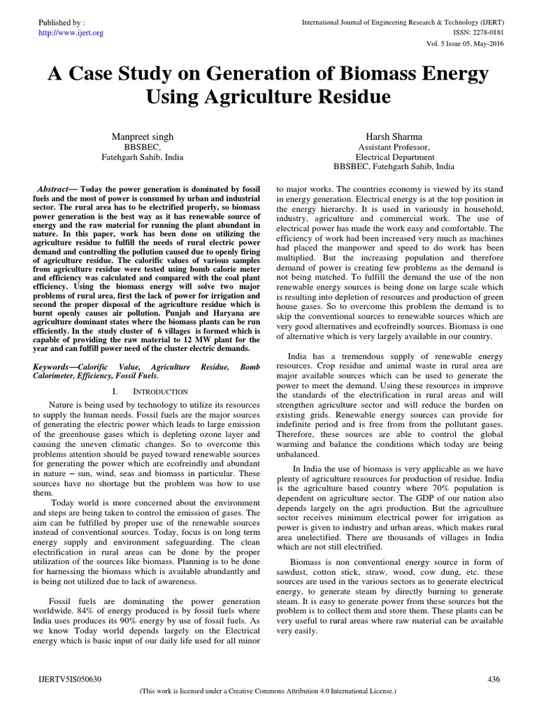 A Case Study On Generation of Biomass Energy Using Agriculture Residue ...