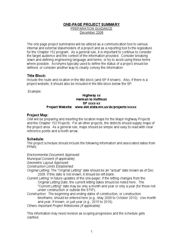 One Page Project Summary Template | PDF | Business | Science