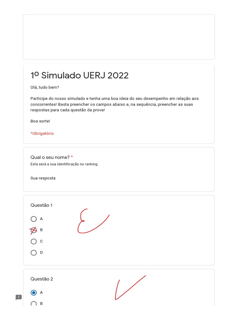 1º Simulado UERJ 2022 Cartão Resposta | PDF