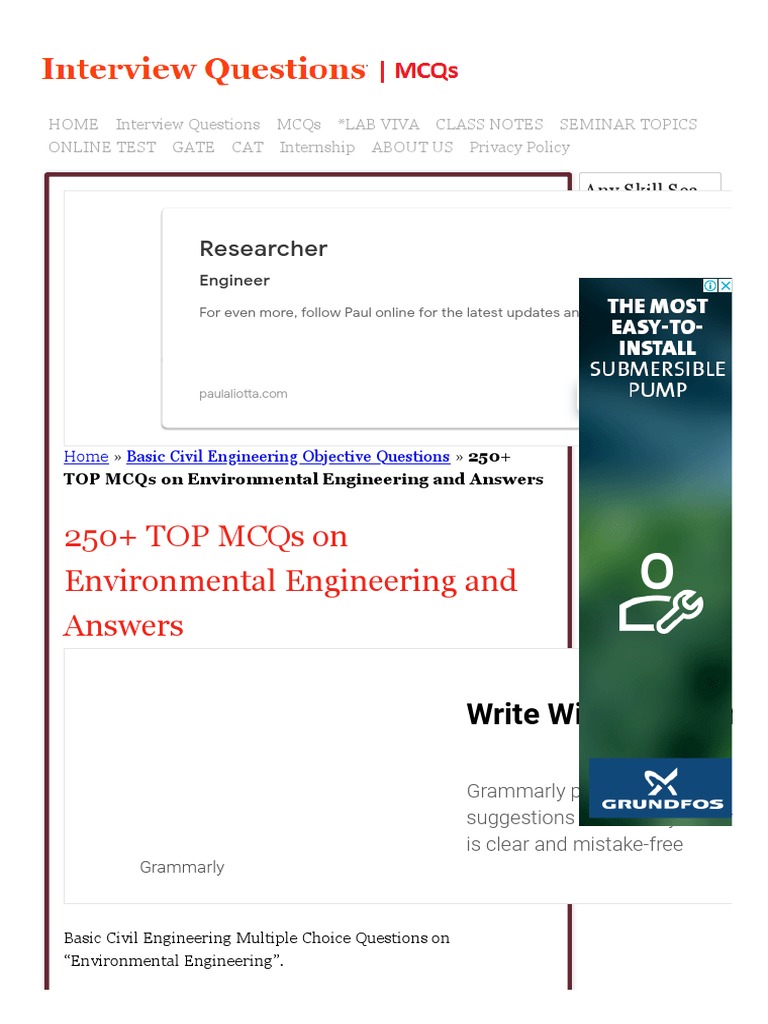 Environmental Engineering MCQs and Answers | PDF | Multiple Choice ...