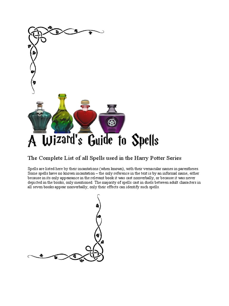 The Complete List of All Spells Used in The Harry Potter Series | PDF ...
