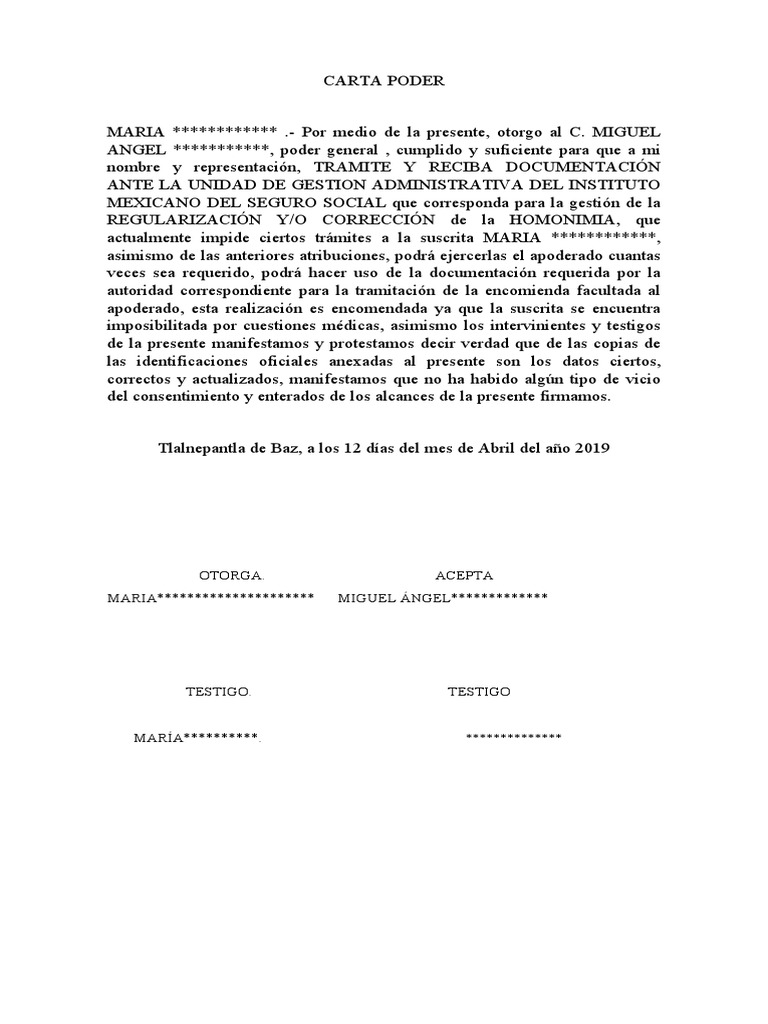 Carta Poder para Trámites IMSS | PDF