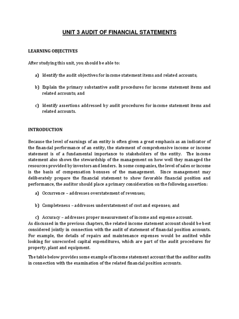 Unit 3 Audit of Financial Statements: Learning Objectives | Download ...