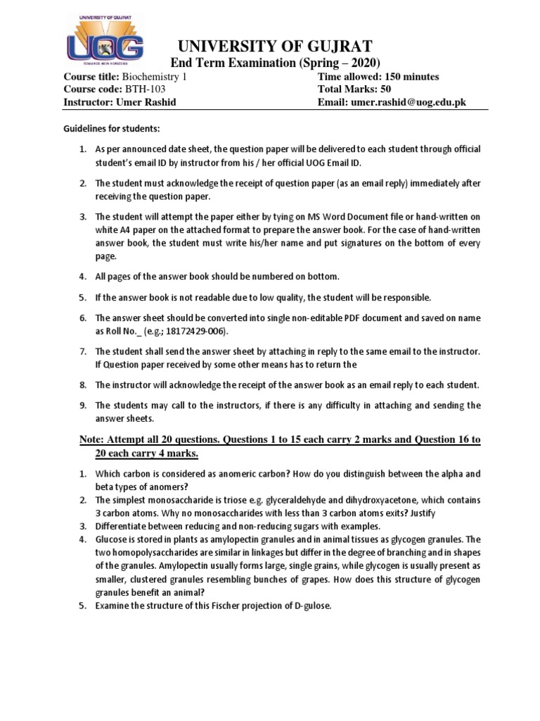 End Term Question Paper | PDF | Lipid | Glycogen