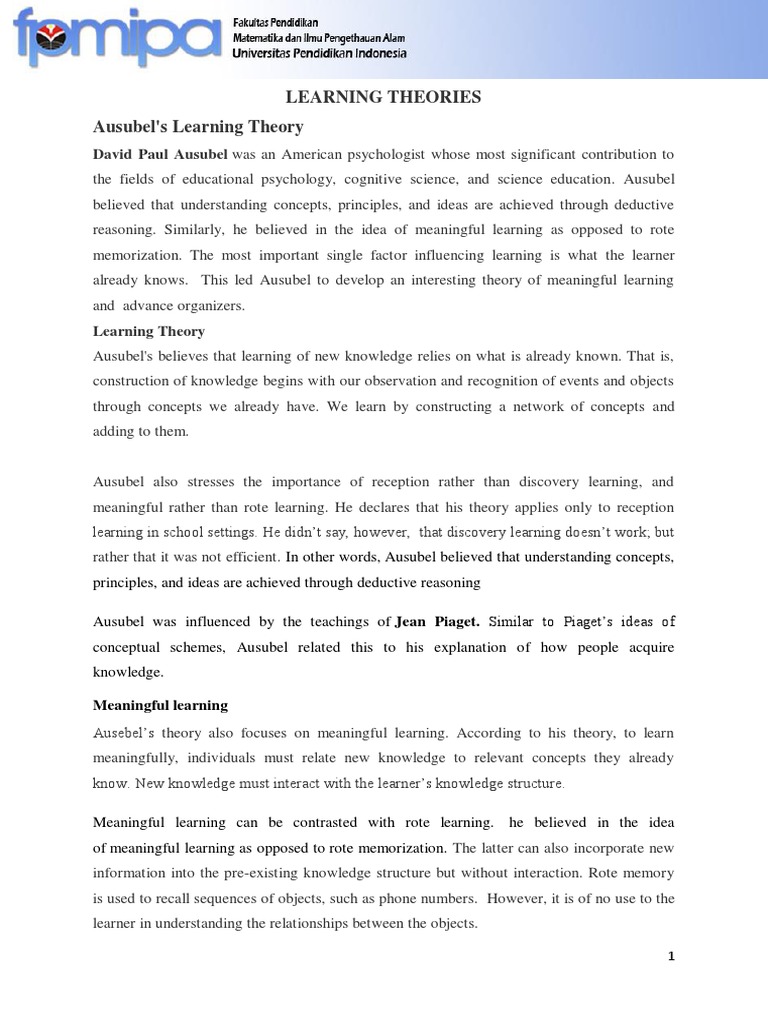 LEARNING THEORIES Ausubel's Learning Theory | PDF | Constructivism ...