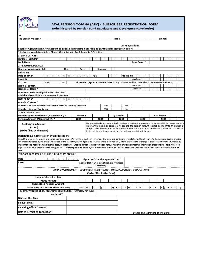 Atal Pension Yojana (Apy) - Subscriber Registration Form | Download ...